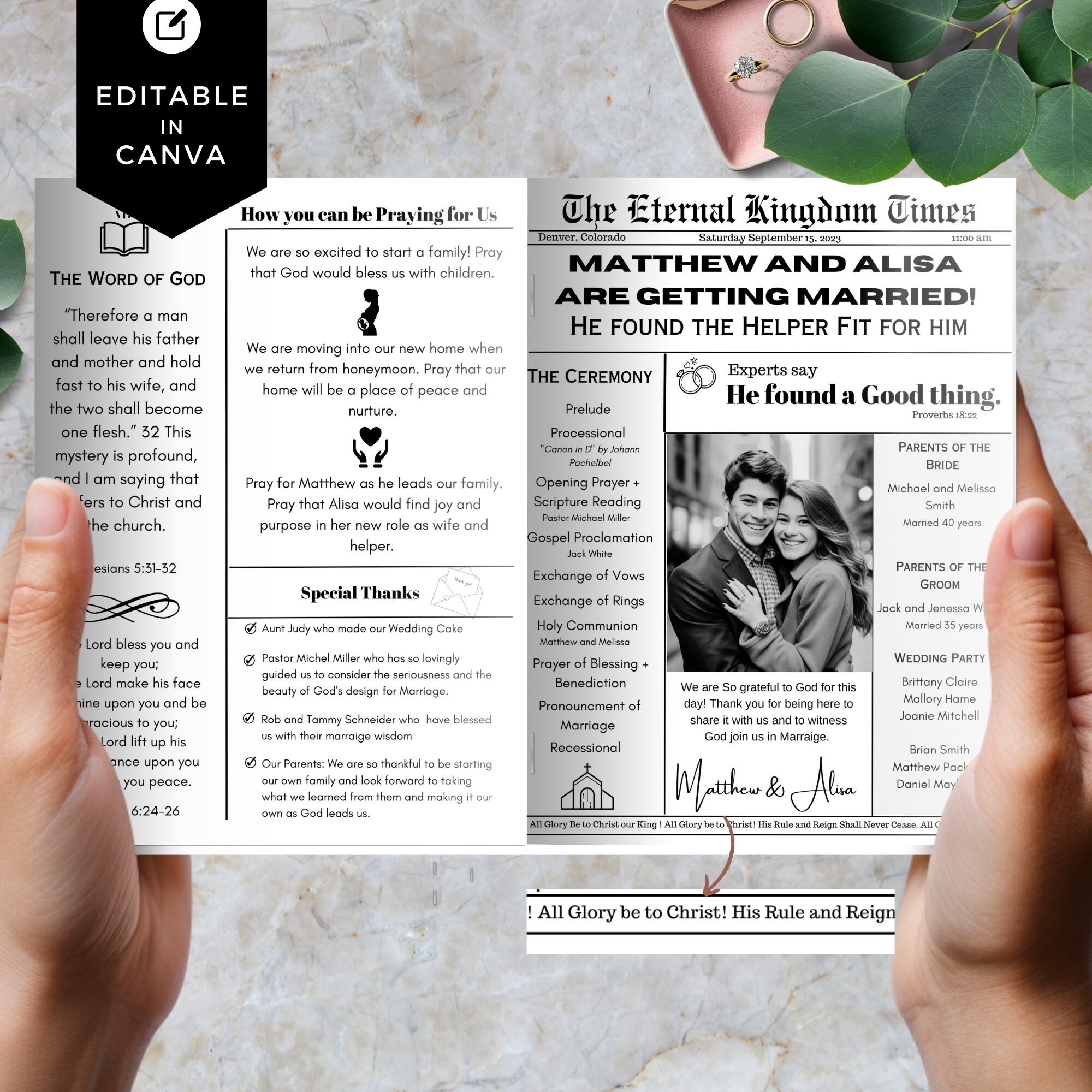 Christian Newspaper Wedding Program | Wedding Newspaper Post | Editable ...