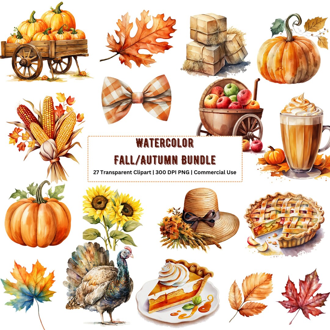 Fall/autumn Decor Clipart Bundle - Transparent Watercolor in 300 DPI ...