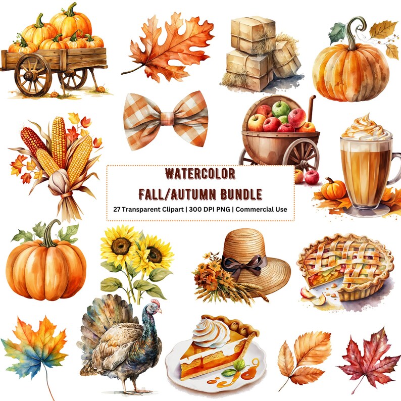 Fall/autumn Decor Clipart Bundle - Transparent Watercolor in 300 DPI ...