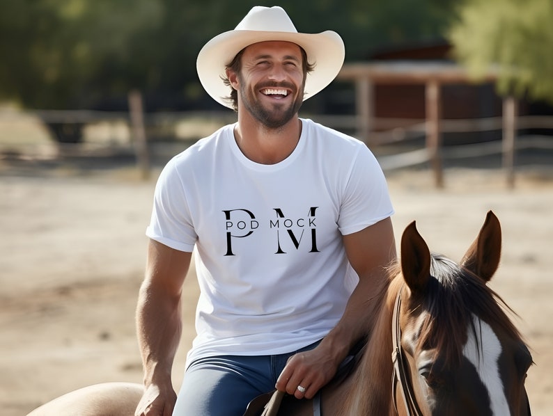 Men's Western Themed White Bella Canvas 3001 Cotton T-shirt Mock-up ...