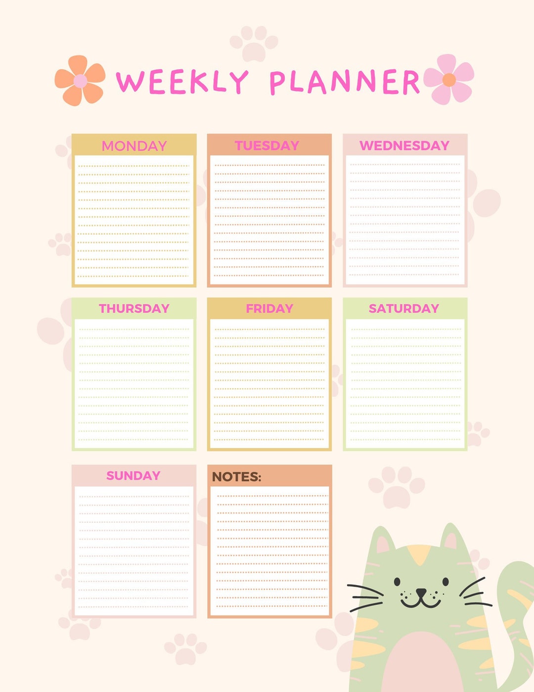 Digital Download Weekly Planner Cat Planner Reminders - Etsy