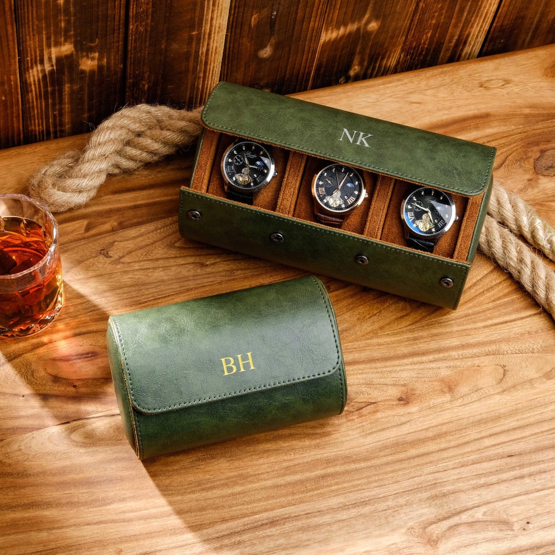 Retro Green Leather Watch Case Personalized, Travel Watch Case, Holiday ...