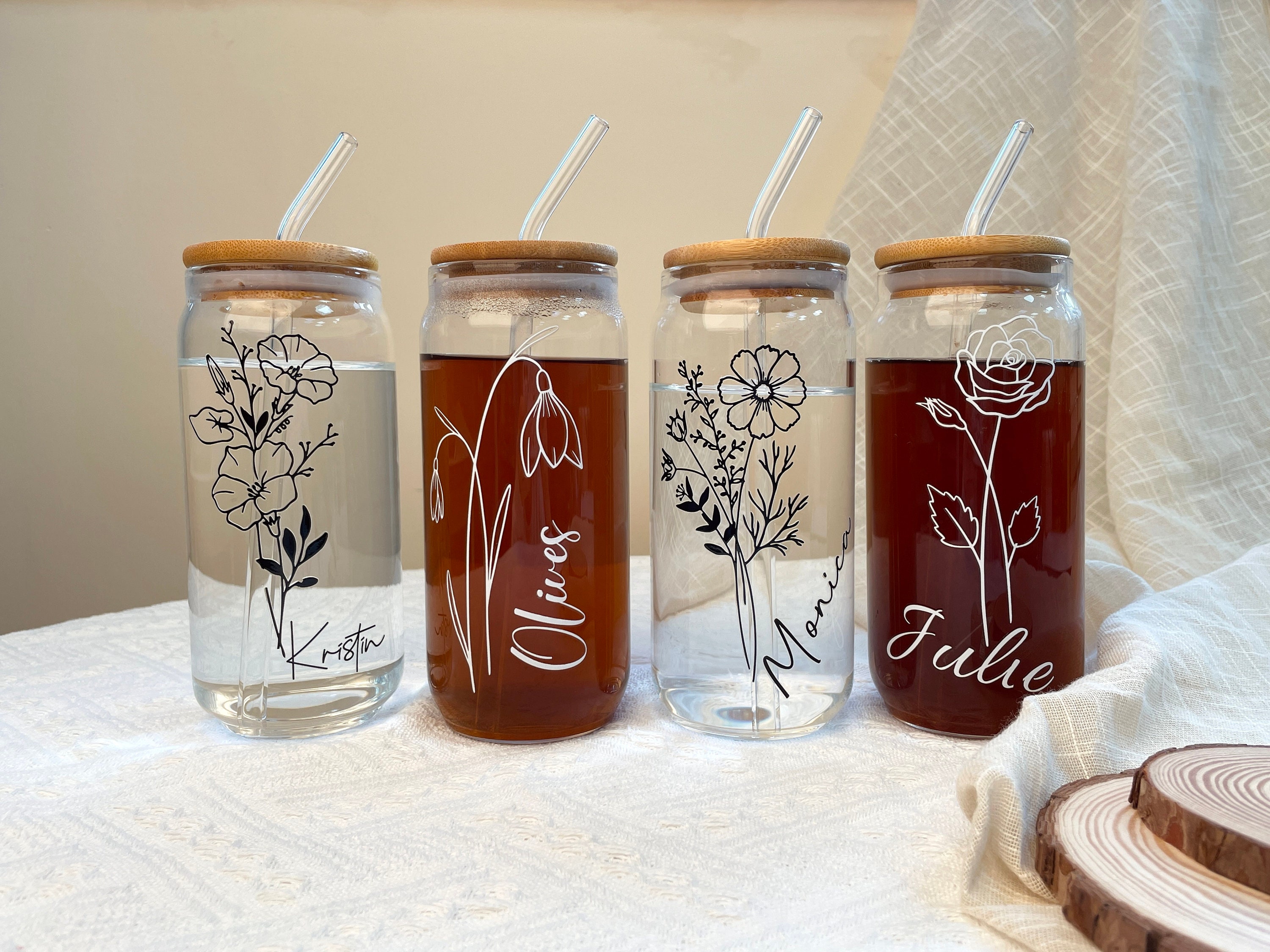Personalized Birth Flower Iced Coffee Cup, Custom Can Glass With Lid ...