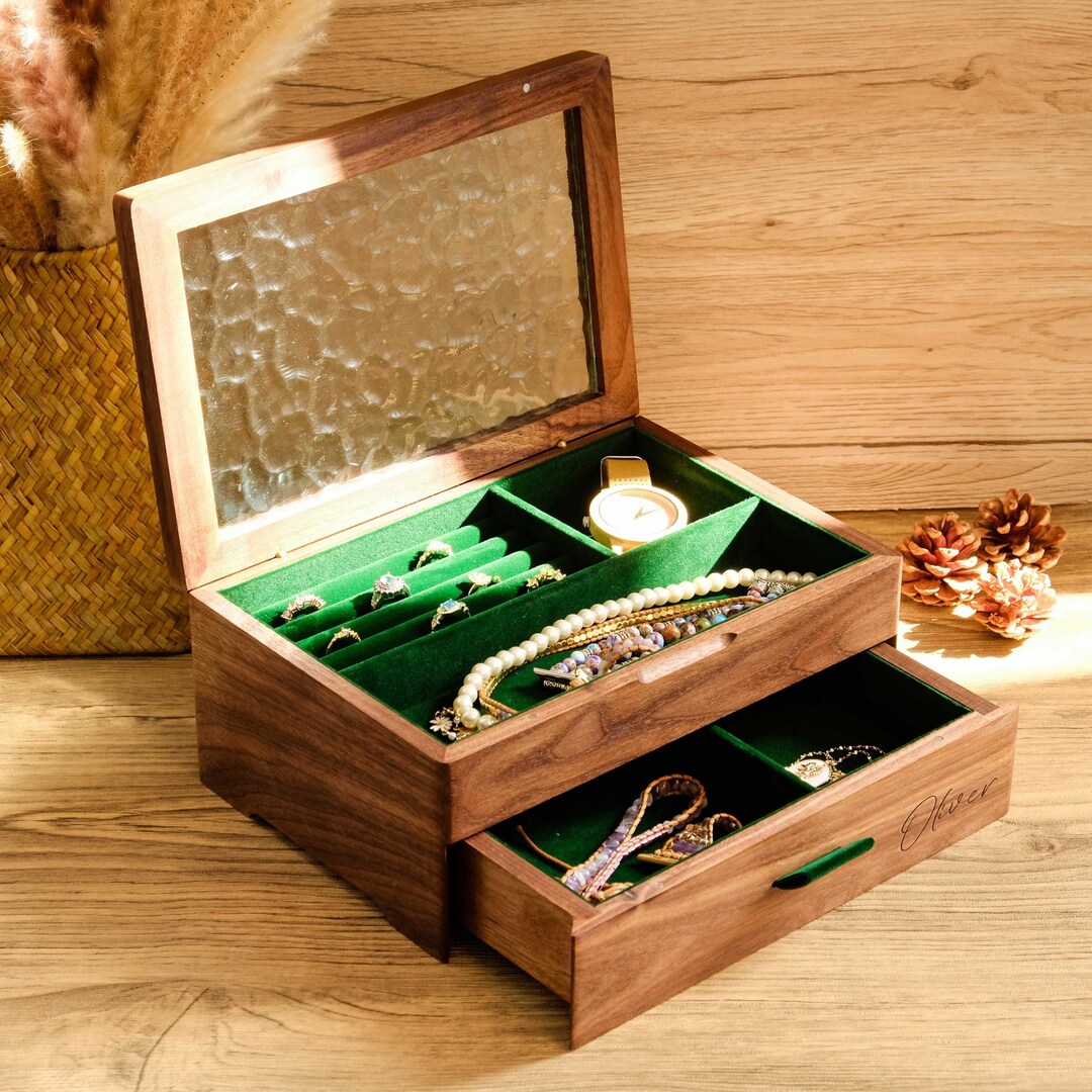 Glass Custom Carved Walnut Jewelry Box Double Layer Jewelry Organizer ...