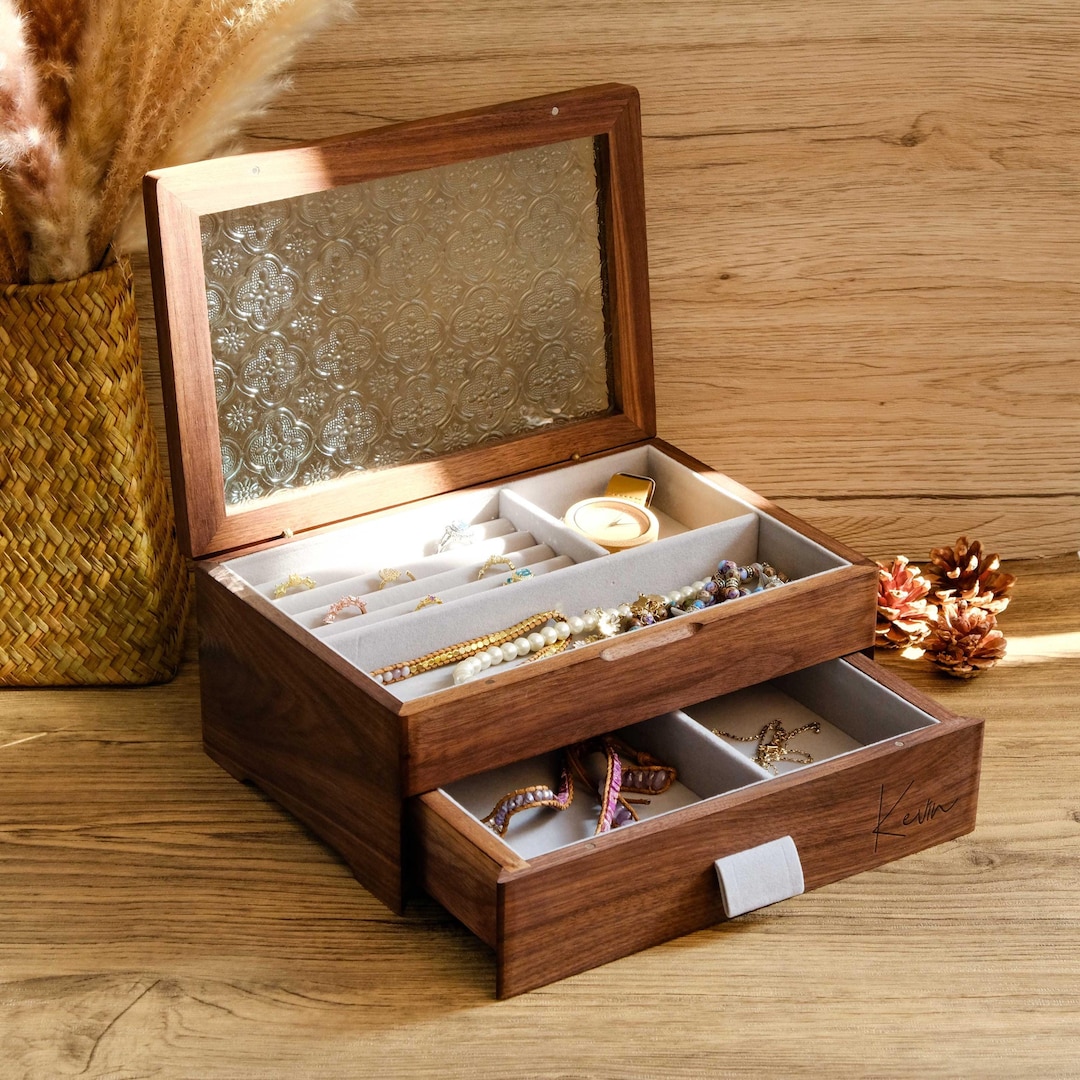 Glass Custom Carved Wooden Jewelry Box Double Layer Jewelry Organizer ...