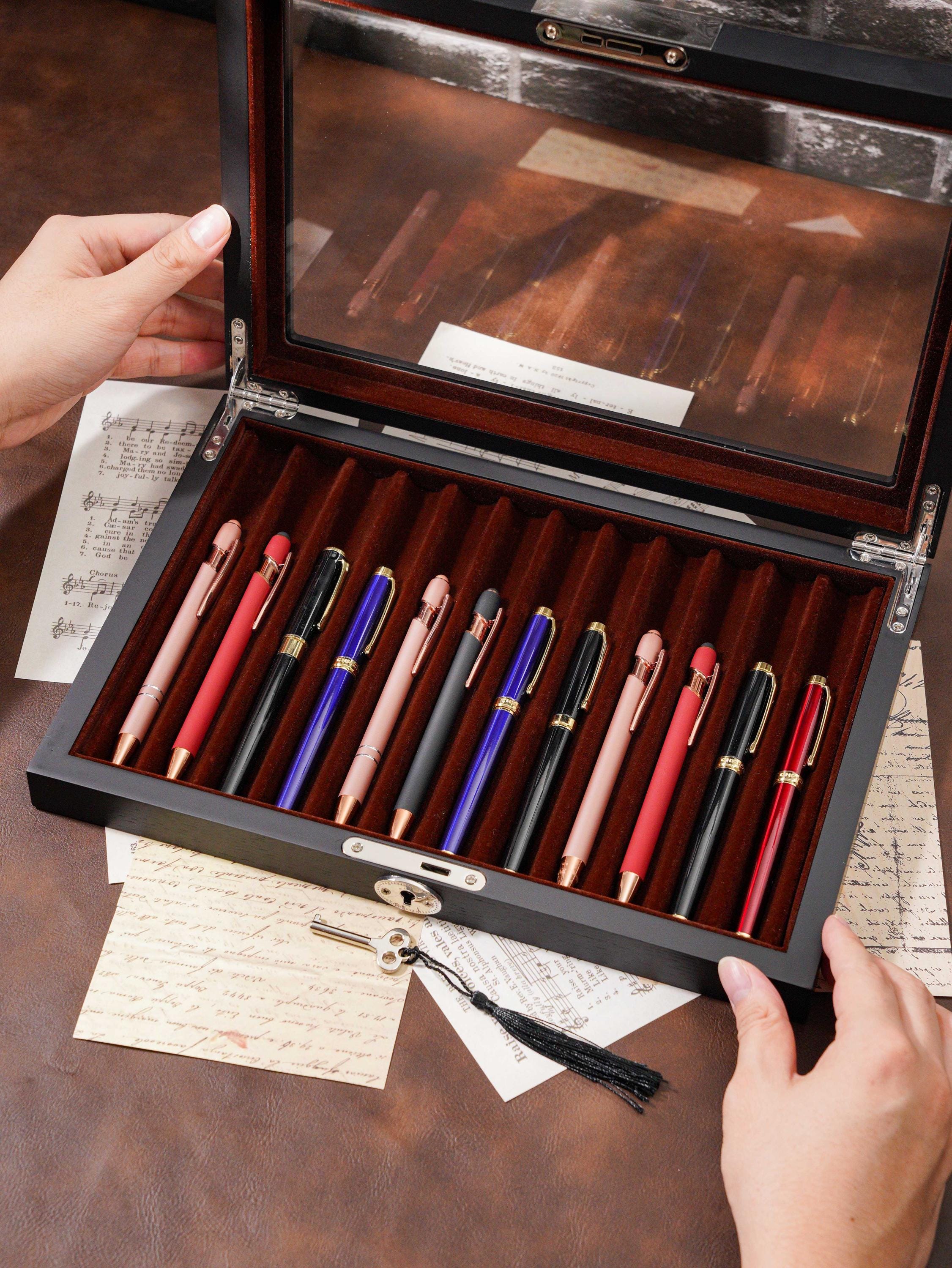 Personalized 12 Slots Wood Pen Storage Box With Key, Handcrafted Pen ...