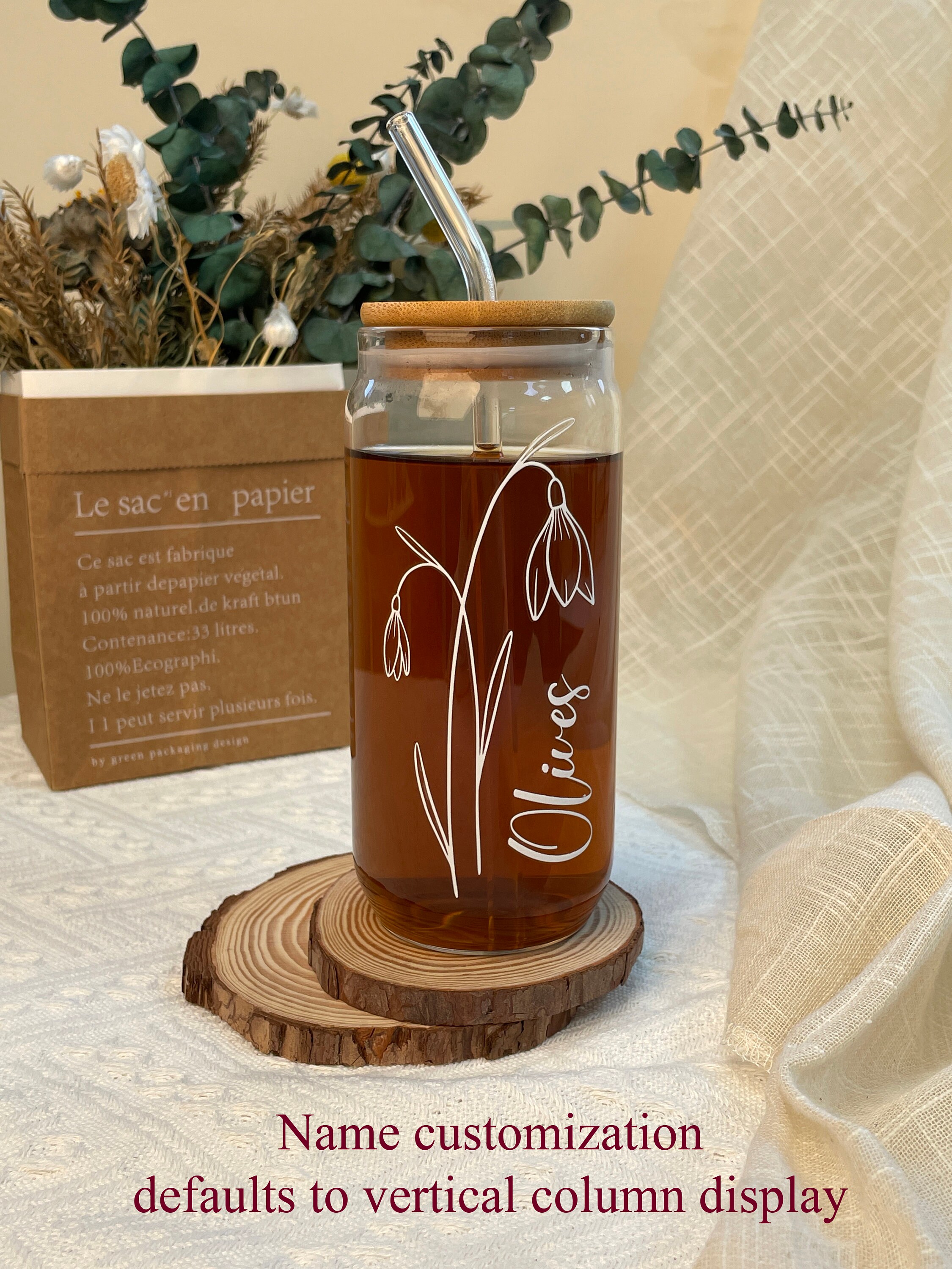 Personalized Birth Flower Iced Coffee Cup, Custom Can Glass With Lid ...
