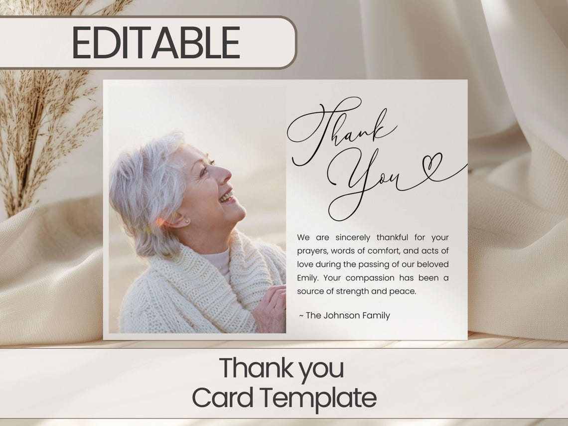Editable Funeral Thank You Card Template: Minimalist Memorial ...