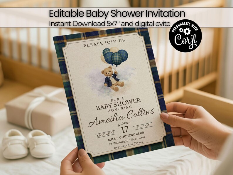 Editable Teddy Bear Baby Shower Invitation, Preppy Plaid Design ...