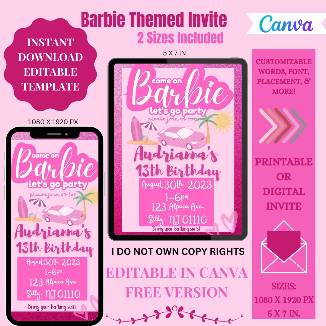 Barbie Themed Invitation Doll Birthday Party Hot Pink Etsy