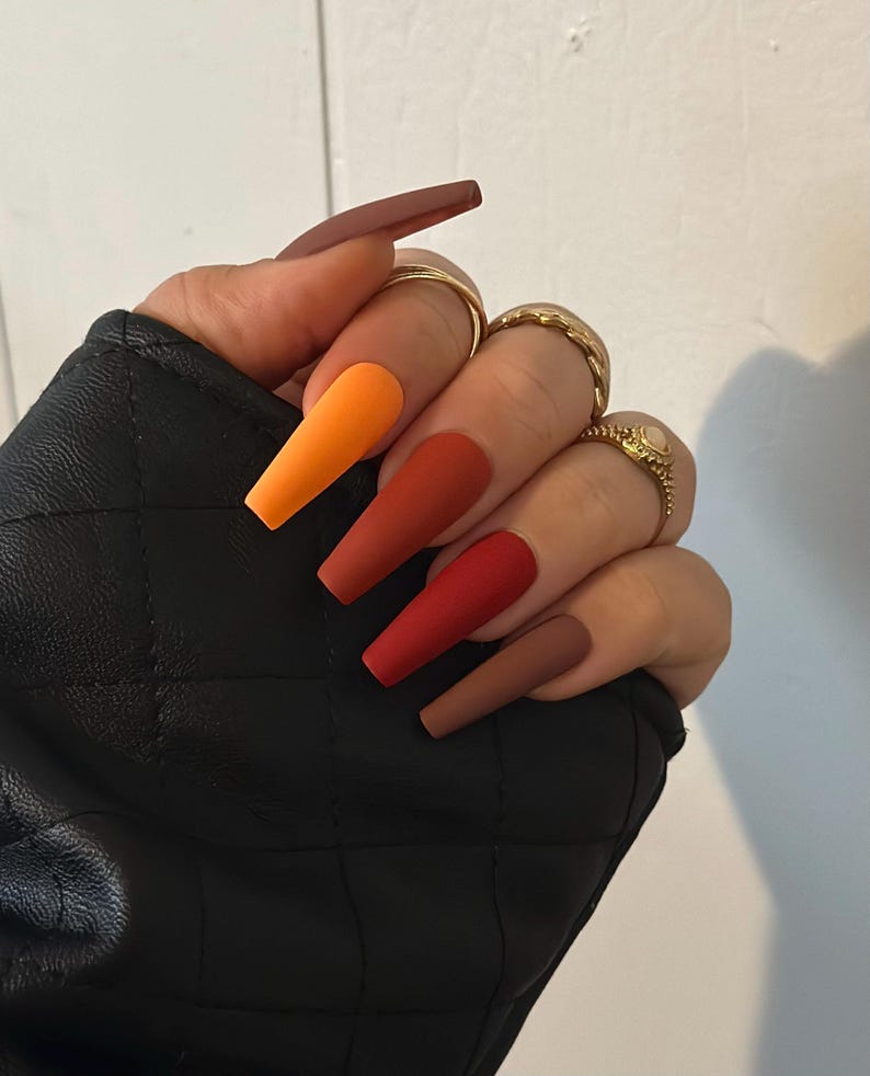 Press on Nails, Burnt Orange Red Brown Nails, Fall Gradient Nails ...
