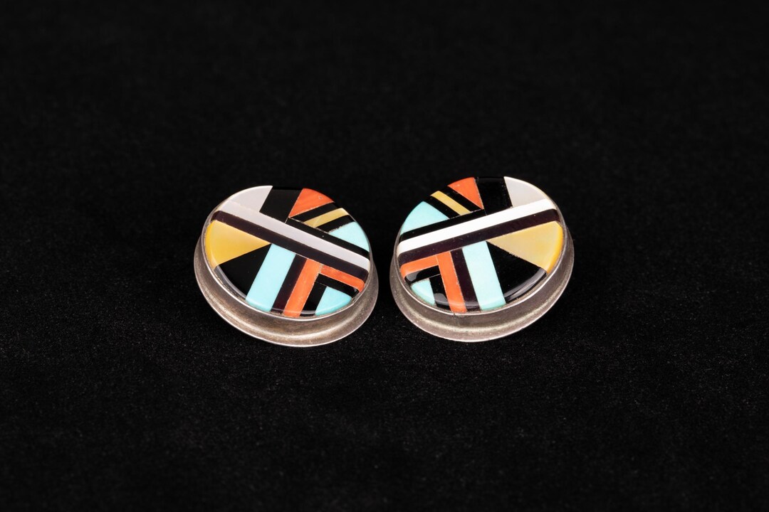 Vintage Earrings With Zuni Design, Turquoise, Onyx, Abalone, and Onyx ...