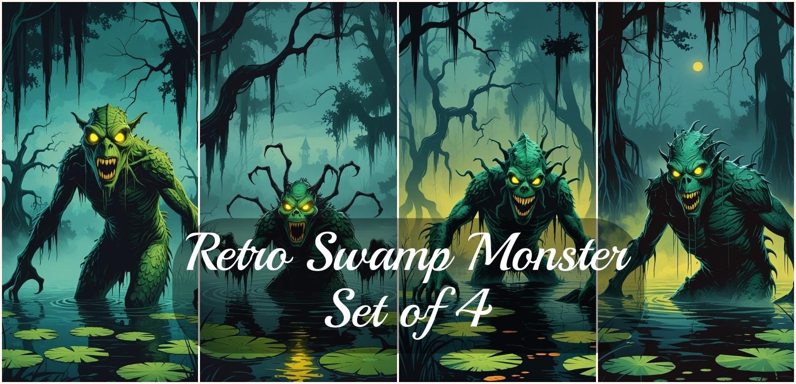 Retro Swamp Monster Digital Download Digital Art Set of 4 - Etsy