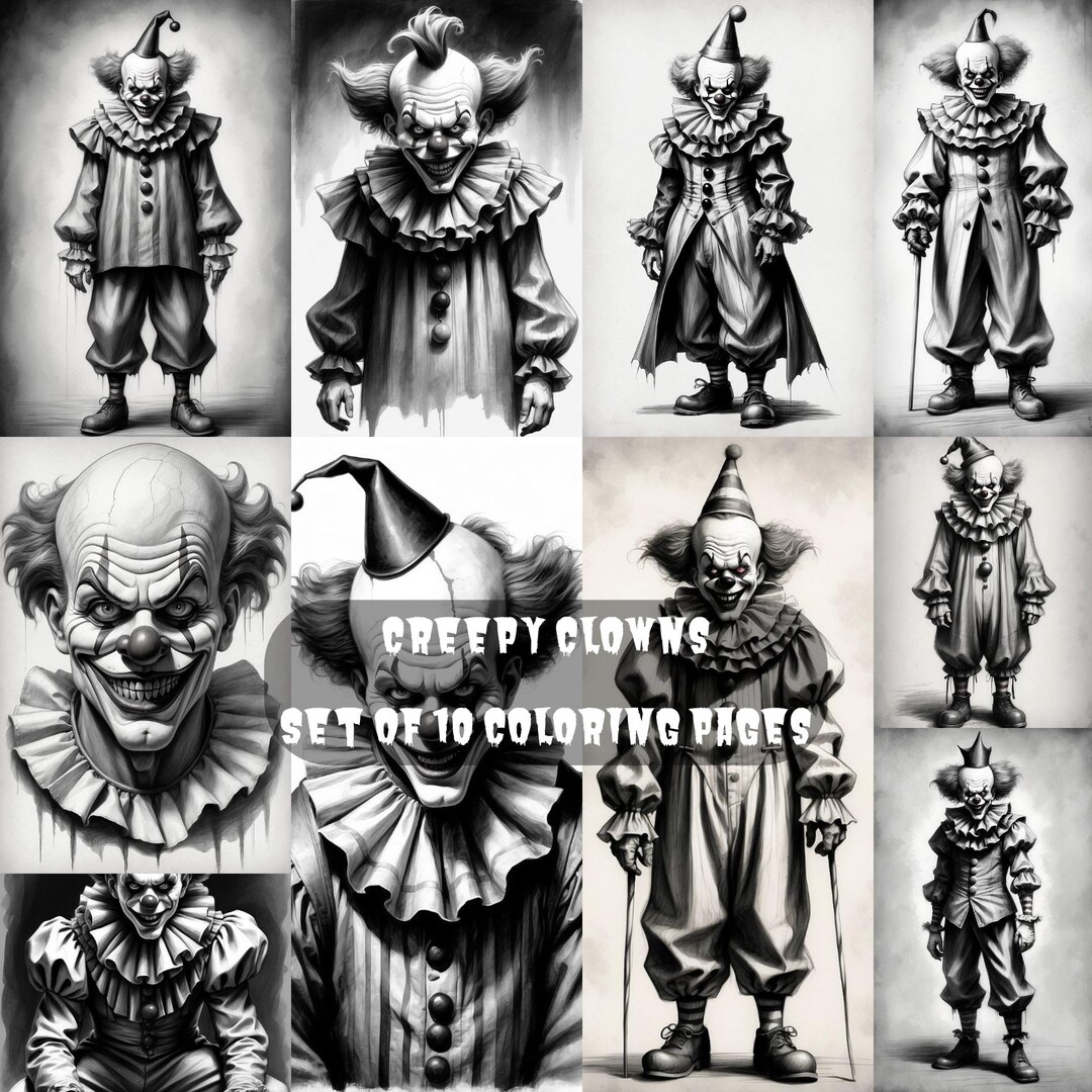 Creepy Clowns Greyscale Coloring Pages Digital Download Set of 10 - Etsy