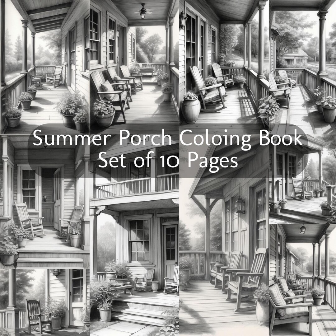 Summer Porch Greyscale Coloring Pages Digital Download Set of 10 - Etsy