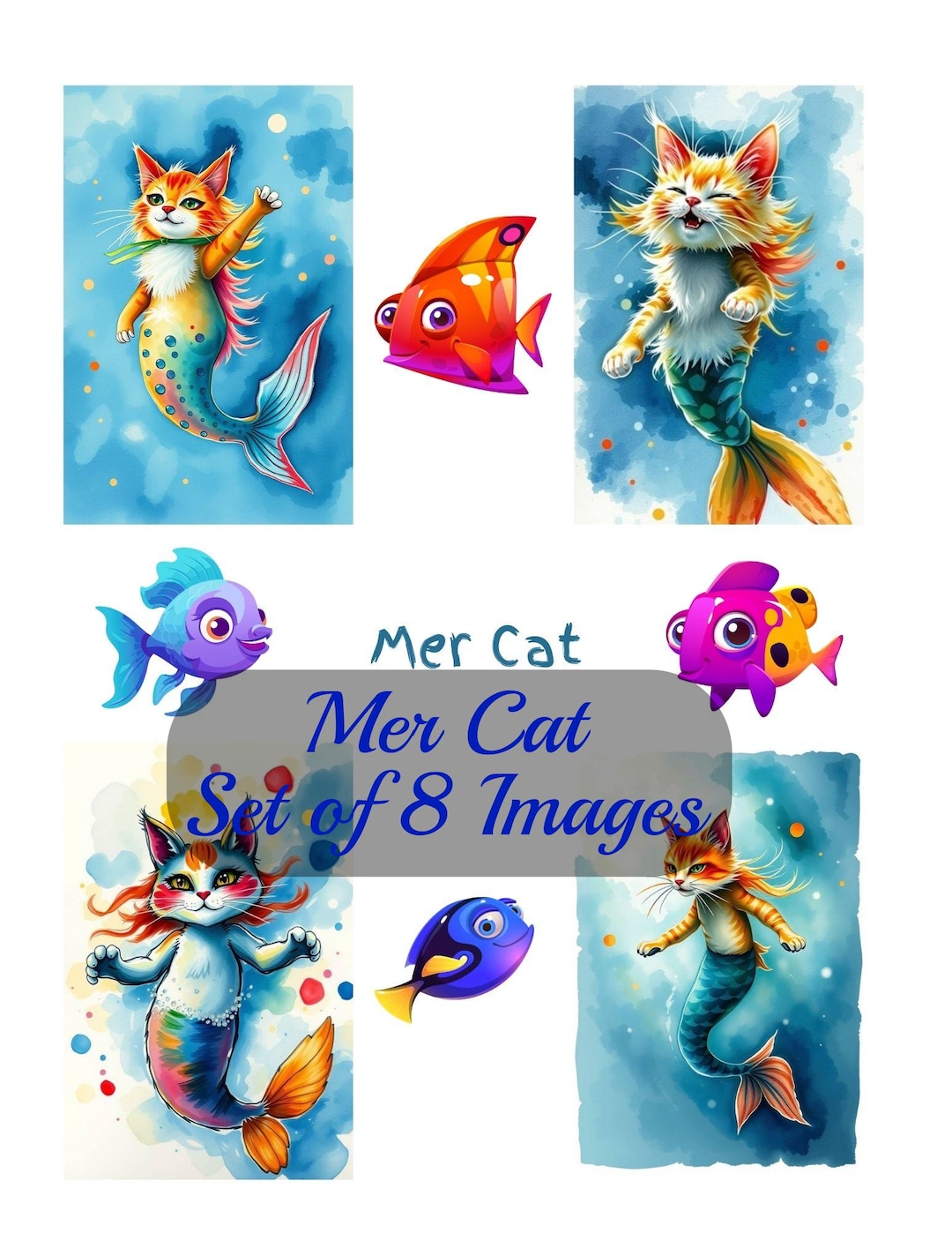 Mermaid Cat Digital Download 1 Sheet With 8 Images - Etsy