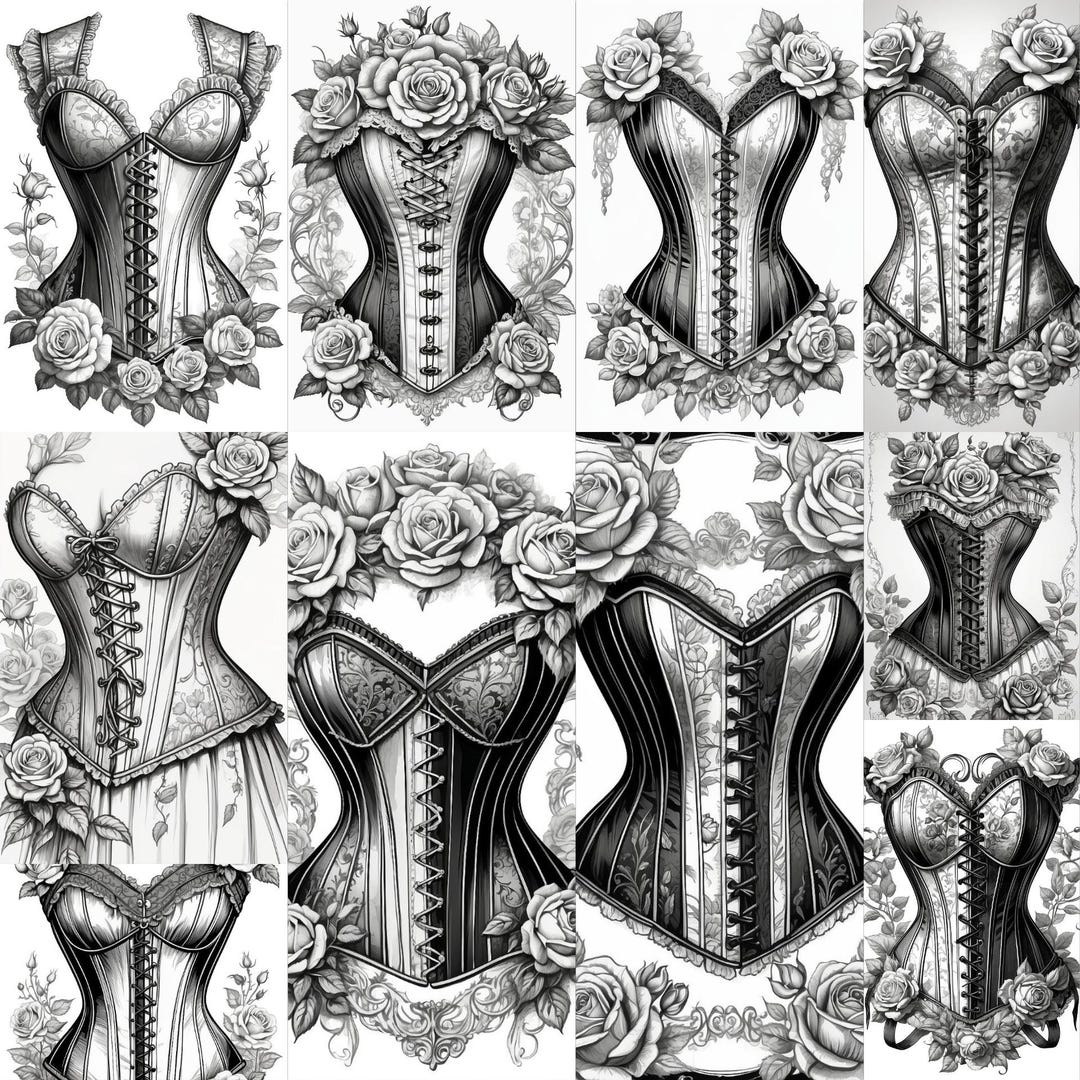 Victorian Corset Greyscale Coloring Pages Digital Download Set of 10 - Etsy