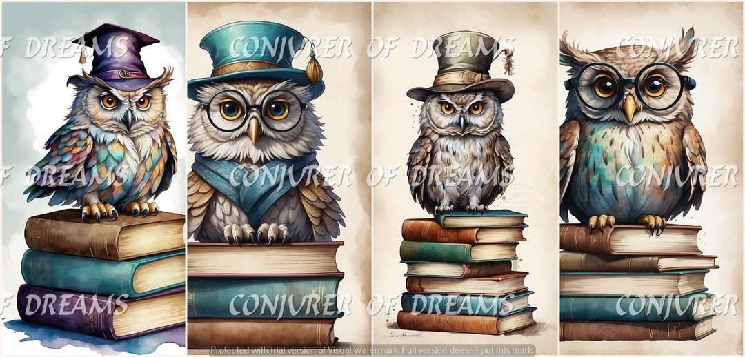 Wise Old Owl Book Stack AI Art Digital Download Set of 4 - Etsy