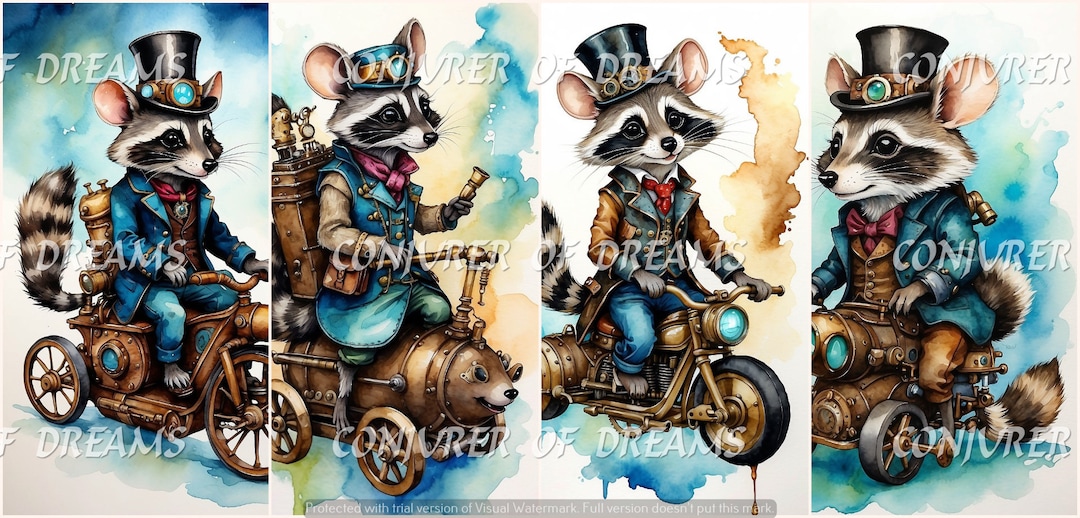 Steampunk Raccoon Rider Watercolor AI Art Digital Download Set of 4 - Etsy