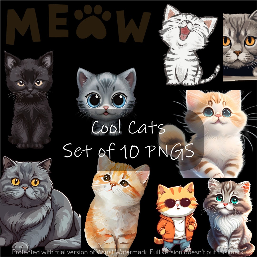 Cute Cats Digital Art Download Set of 10 PNGS - Etsy