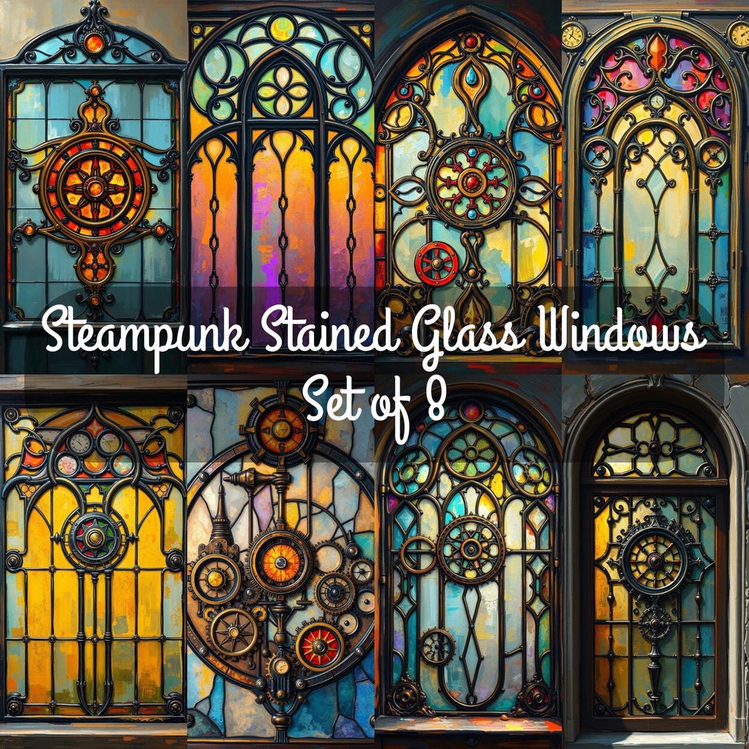 Steampunk Stained Glass Windows Digital Download Set of 8 Full Page ...