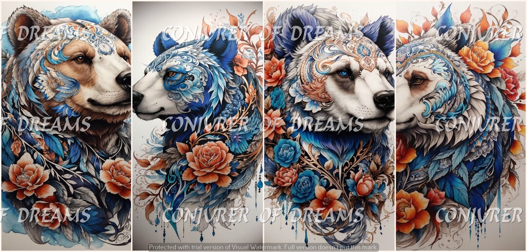 Bear Tattoo Floral Digital Download Set of 4 - Etsy