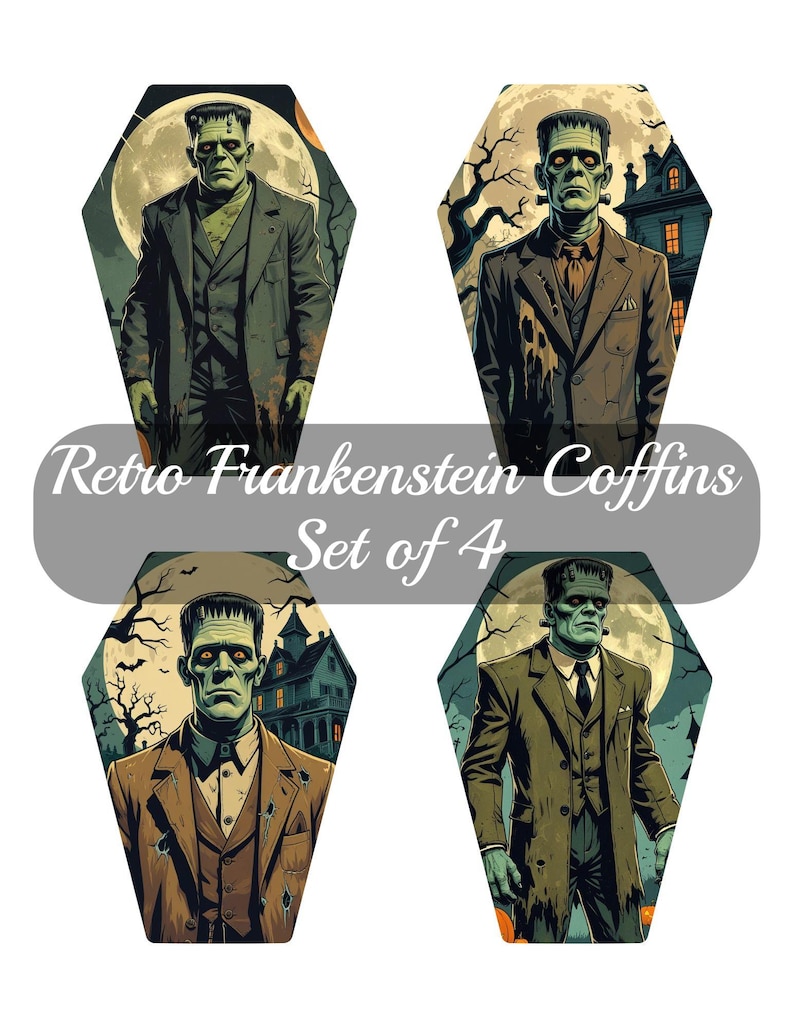 Retro Frankenstein Coffin Tags Digital Download Set of 4 Images on 1 ...