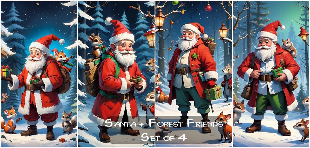Santa and Forest Friends Digital Download Set of 4 JPEGS - Etsy