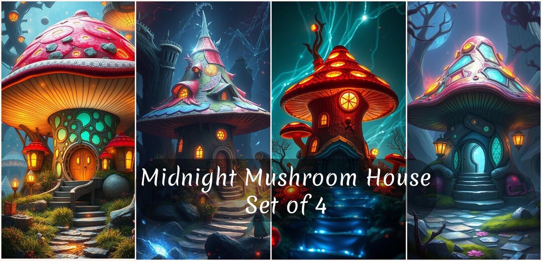 Midnight Mushroom House Digital Download Digital Art Set of 4 - Etsy