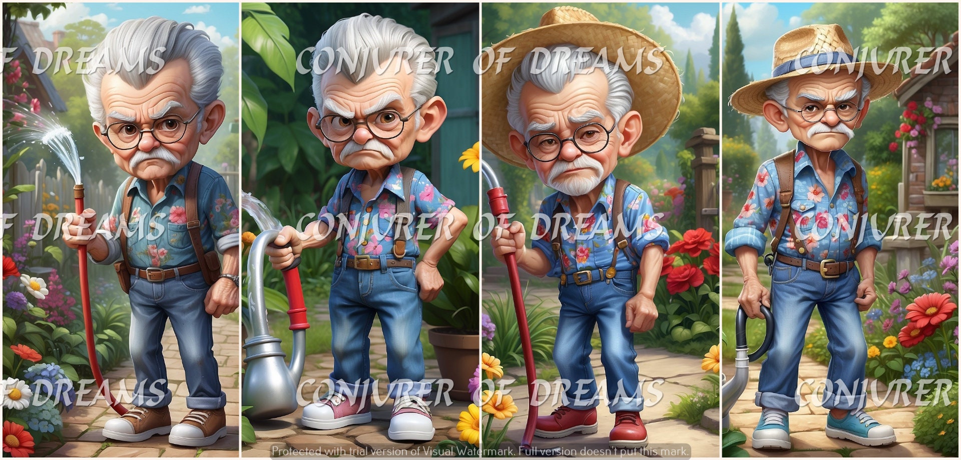 Grumpy Senior Old Man Watering Flowers AI Art Digital Download Set of 4 ...