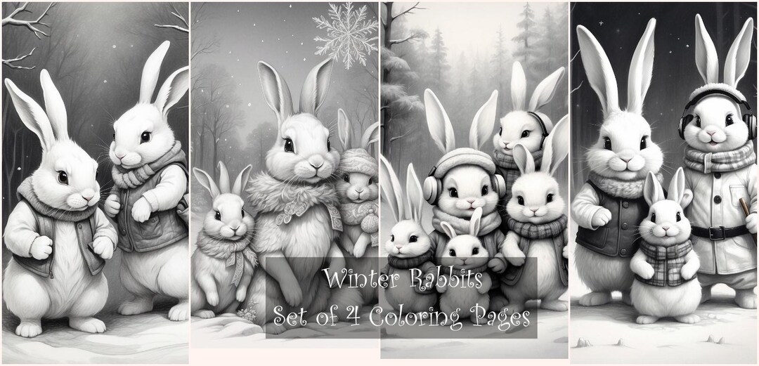 Winter Rabbits Greyscale Coloring Pages Digital Download Set of 4 ...