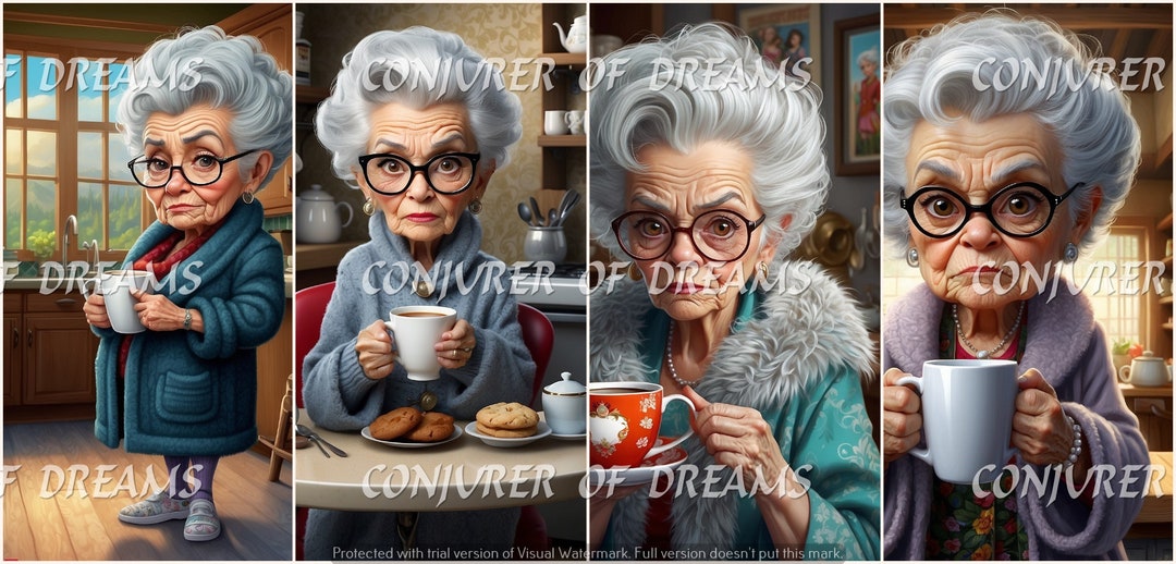 Grumpy Senior Old Lady Morning Coffee Art Digital Download Set of 4 - Etsy