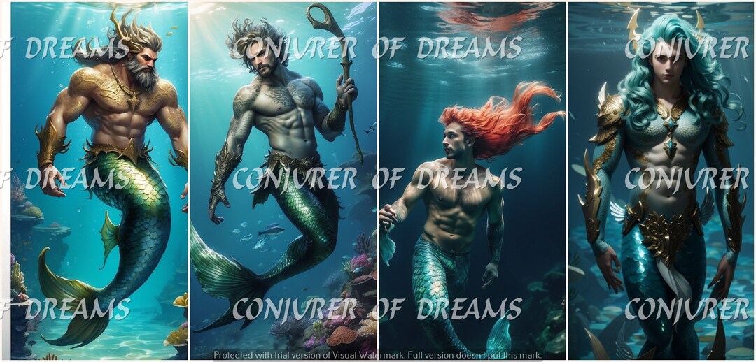 Merman Fantasy Art AI Art Digital Download Set of 4 - Etsy