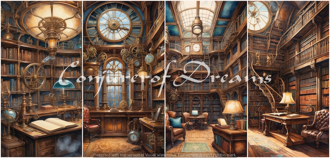 Steampunk Library AI Art Digital Download Set of 4 - Etsy
