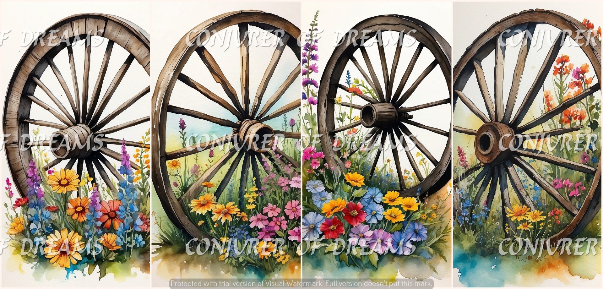 Floral Wagon Wheel AI Art Digital Download Set of 4 - Etsy
