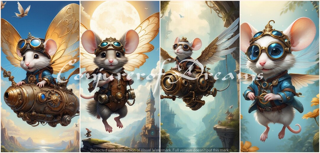 Flying Steampunk Mouse AI Art Digital Download Set of 4 - Etsy