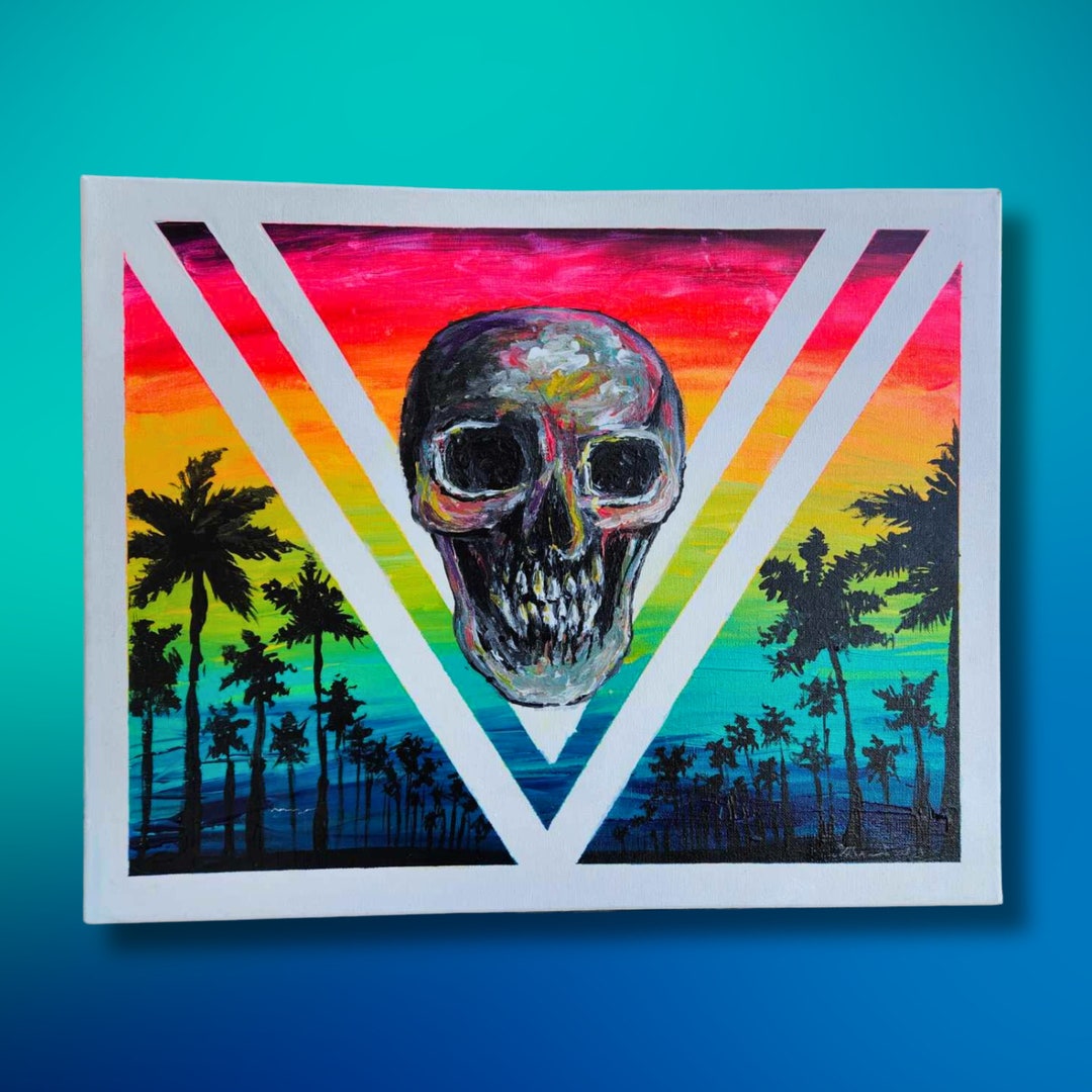 Psychedelic Rainbow Sunset Skull Palm Tree Silhouettes Trippy Original ...