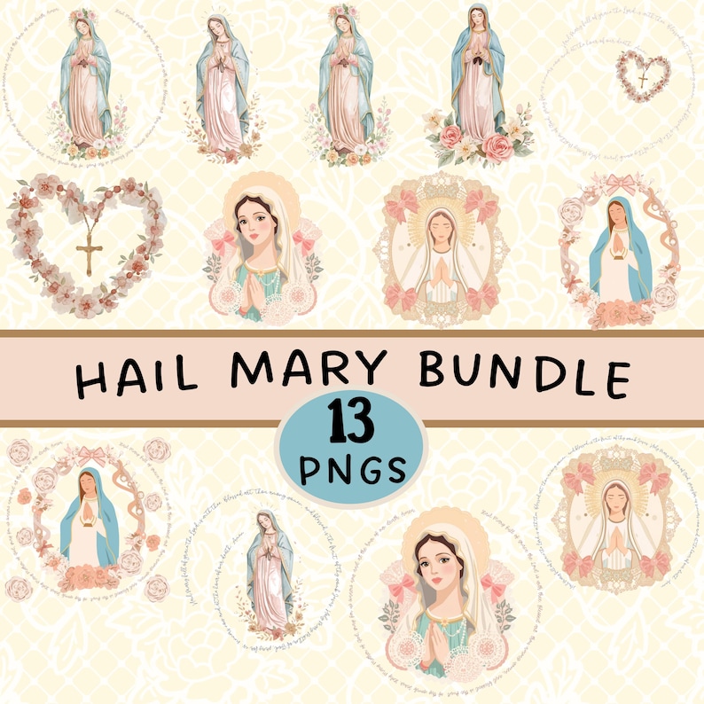 13 Hail Mary PNG Bundle: Boho Watercolor Virgin Mary Design (300 DPI ...