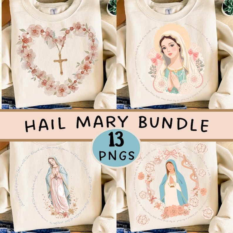 13 Hail Mary PNG Bundle: Boho Watercolor Virgin Mary Design (300 DPI ...