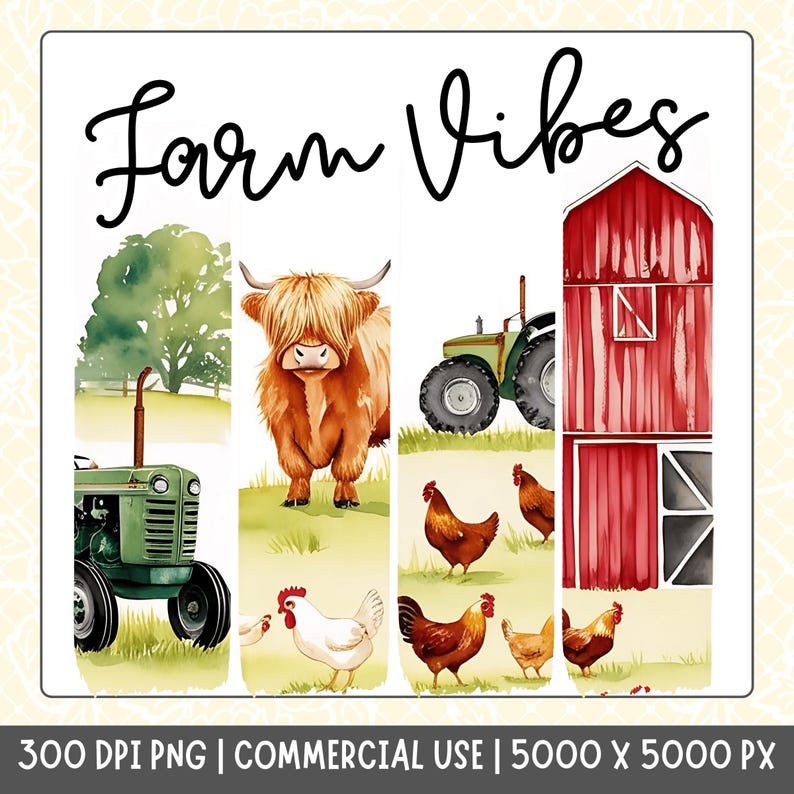 Vintage Farm Vibes PNG: Watercolor Highland Cow, Tractor (digital ...