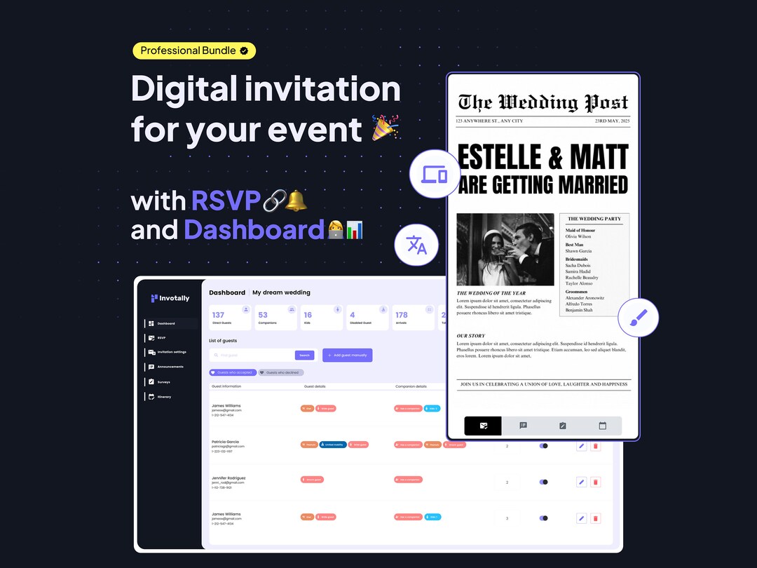 Digital Wedding Invitation & RSVP - Mini Wedding Website - Modern Fonts ...