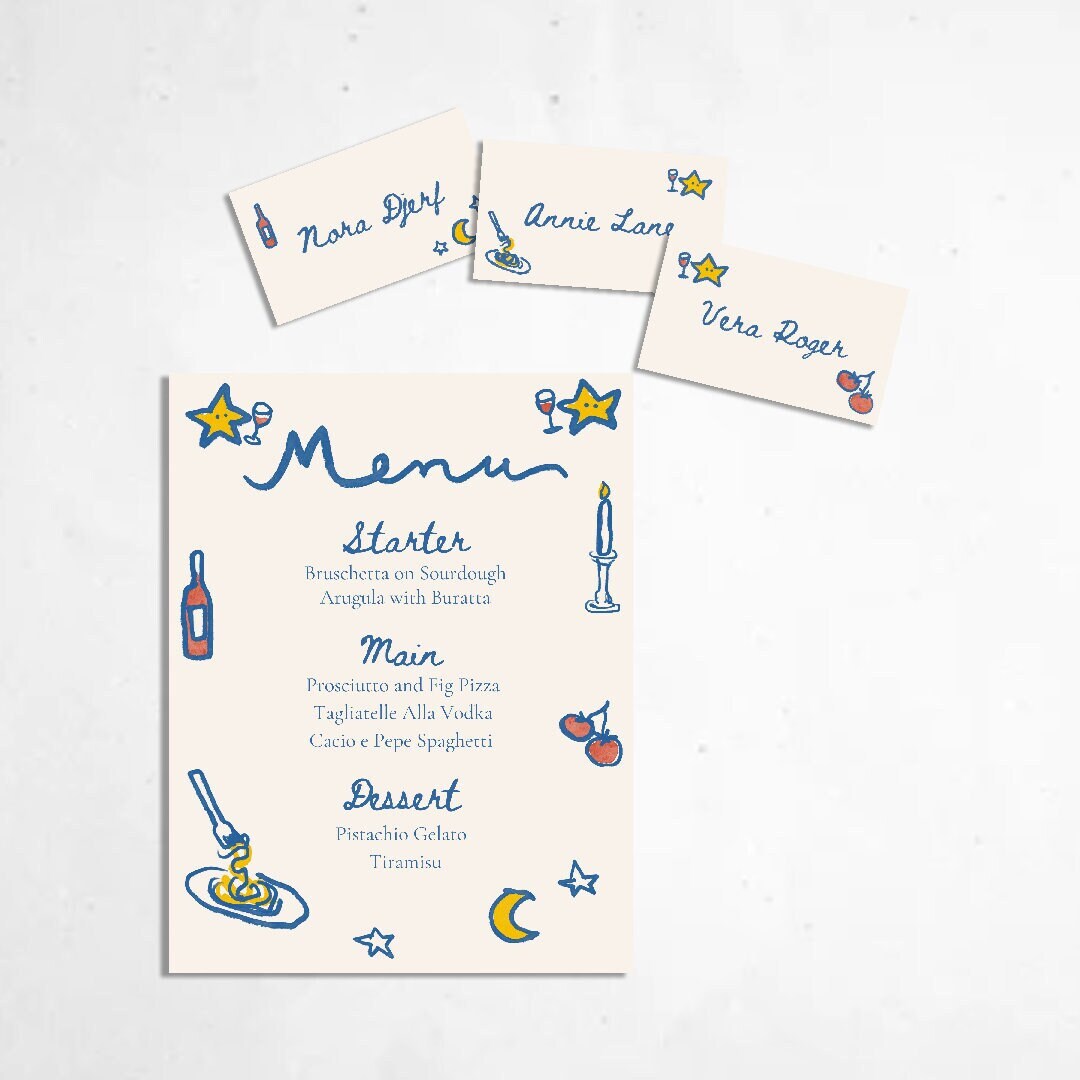 Wine Pasta Menu Italian Dinner Party Name Cards Place Card Printable ...