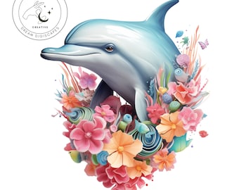 Watercolor Floral Dolphin Clipart | Sublimation Tumblers, Tshirts, Wall ...