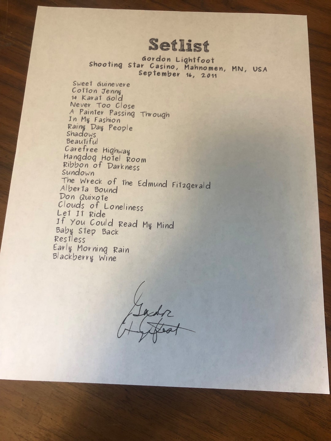 Gordon Lightfoot Signed Reprinted Setlist 2011 Autograph - Etsy