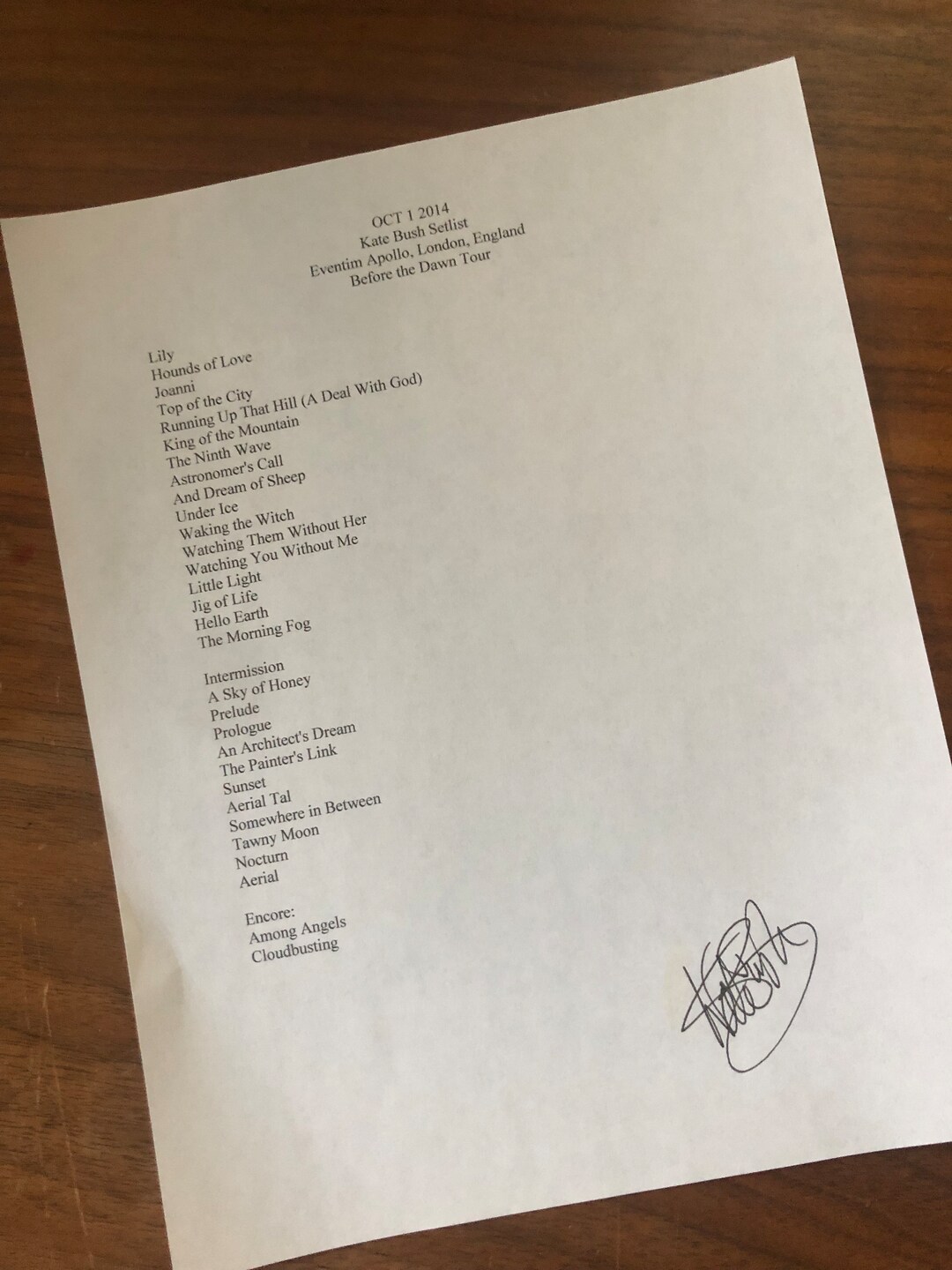 Kate Bush Signed Reprinted Setlist 2014 Autograph - Etsy