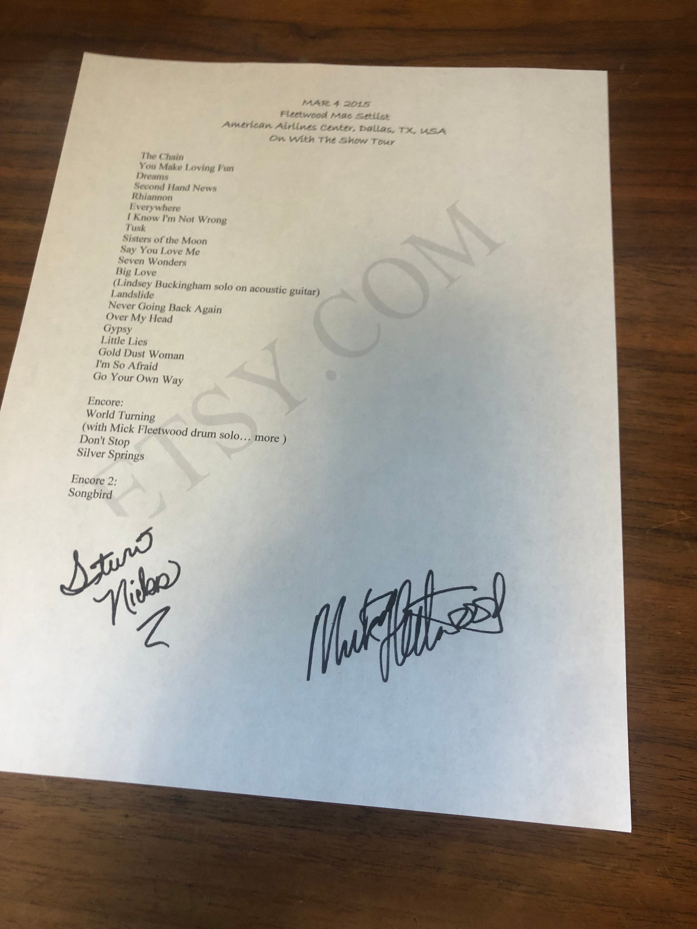 Fleetwood Mac Signed Stevie Nicks and Mick Fleetwood Reprinted Setlist ...