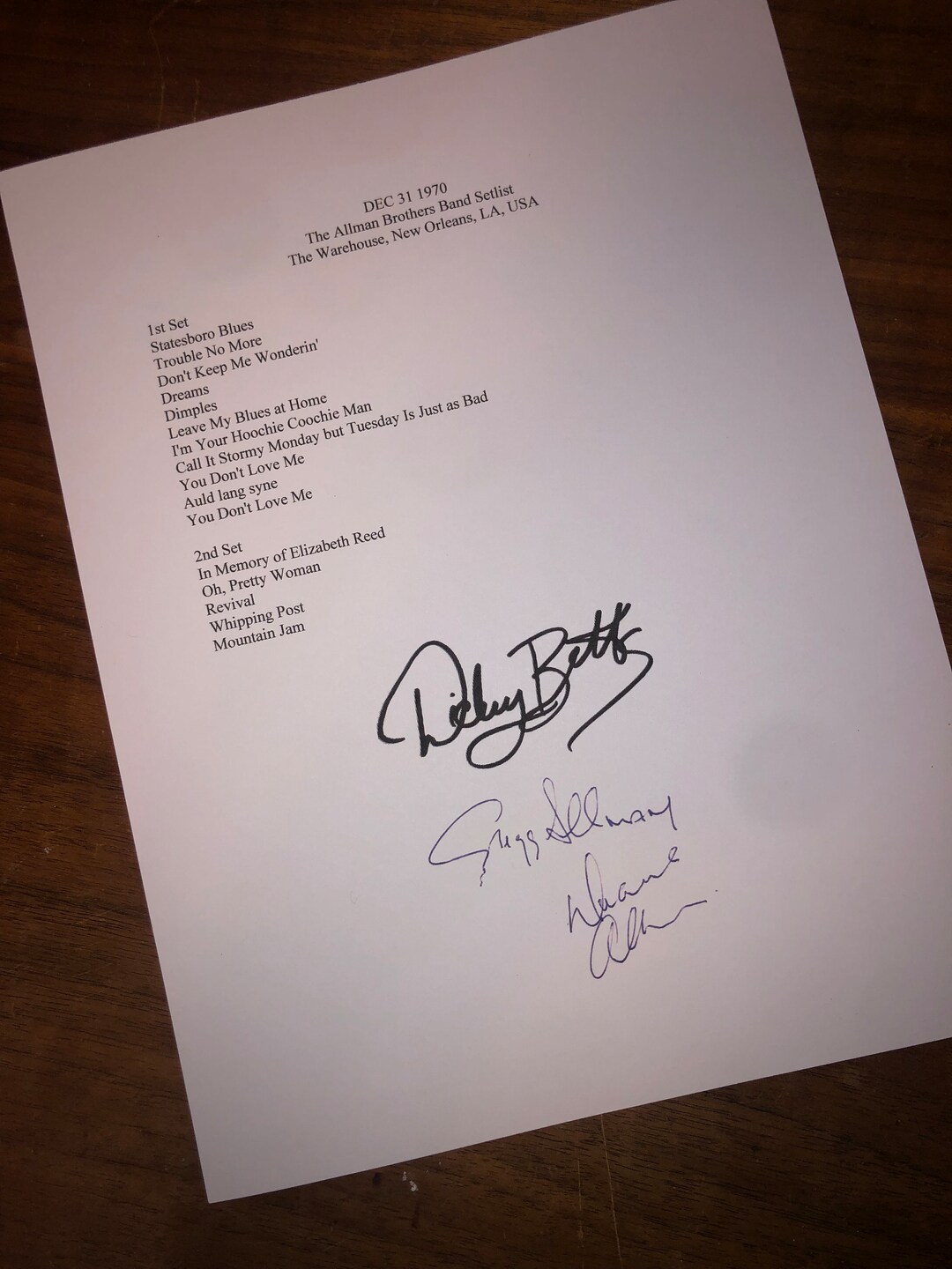 Allman Brothers Signed Reprinted Setlist 1970 Dickey Betts Gregg and ...