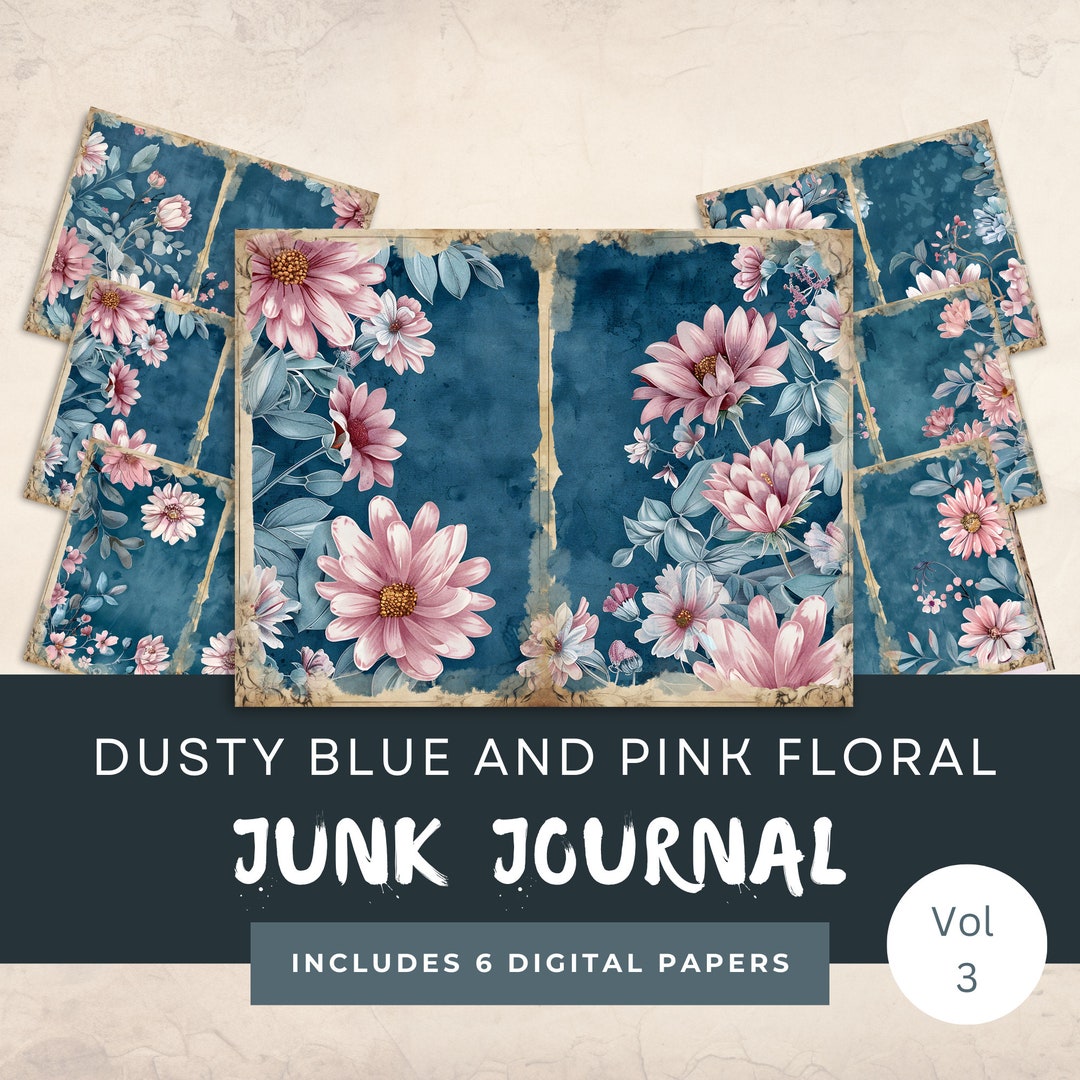 Dusty Blue and Pink Floral Junk Journal Paper, Floral 6 Digital Journal ...