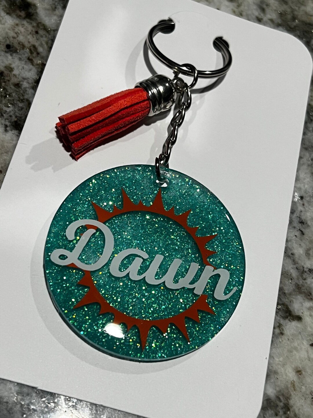 Personalized Teal and Orange Themed Acrylic Keychain With Tassel ...