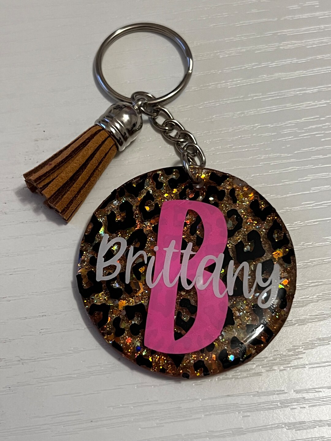 Personalized Gold Pink Cheetah Print Acrylic Keychain With Tassel ...